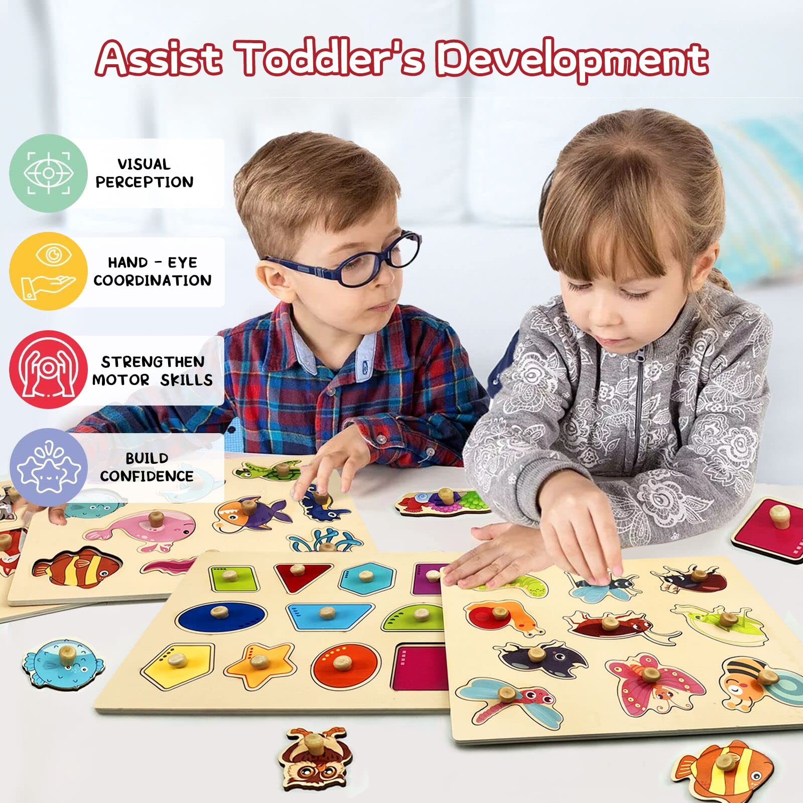 Wooden Peg Puzzles for Toddlers, 4 Pack Toddler Puzzles Set with Wooden Knobs, Preschool Learning Educational Animals Shapes Insects Pegged Puzzle Toys for 2 3 Year Old (Style 1)