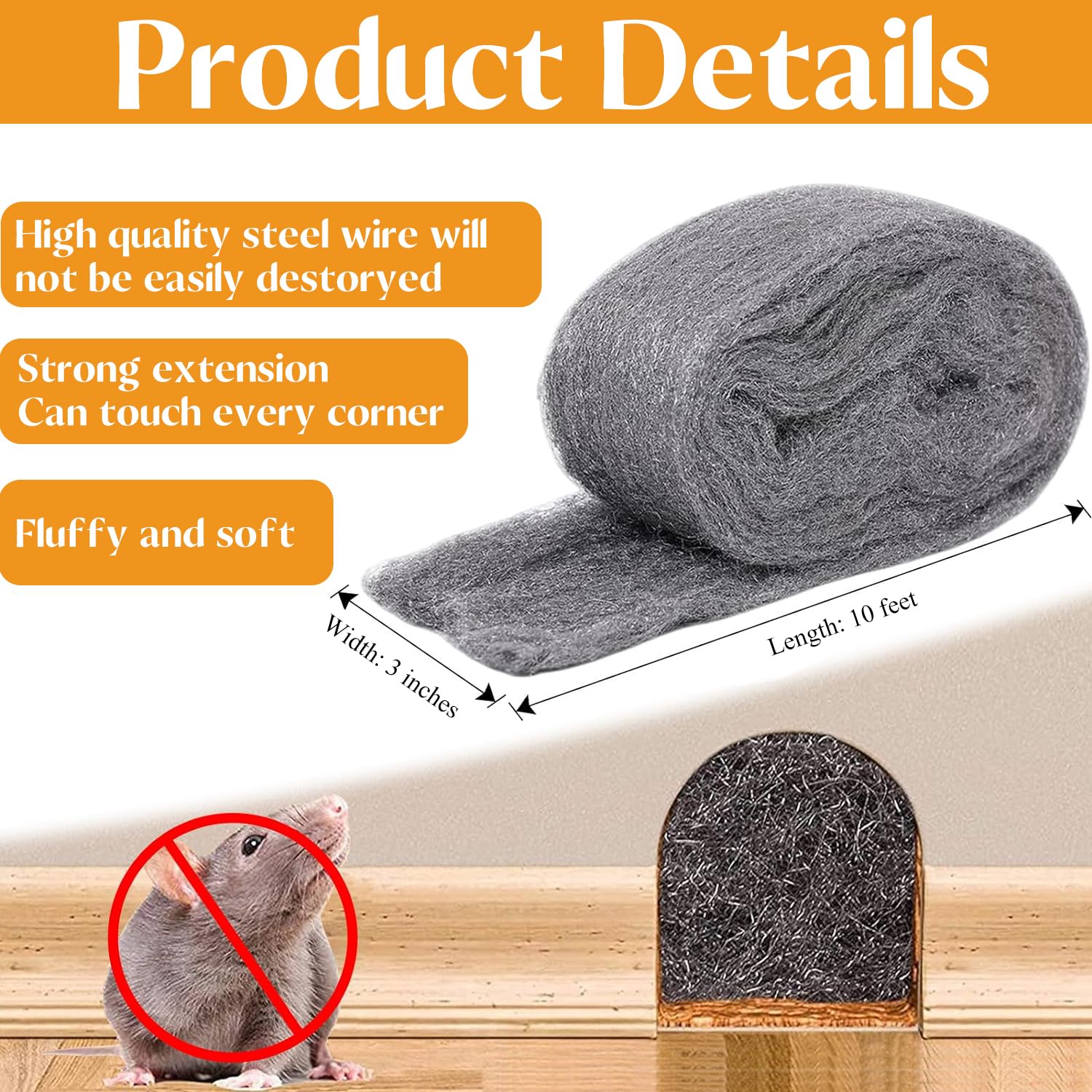 IUYPKQ Steel Wool for Mice Control - 2 Pack of 3×10Ft Steel Wool, Gap Filter for House & Garage - Keep Mice Away from Holes,Siding,Pipeline,Vents in Garden, House, 7.04oz (2, 100g)