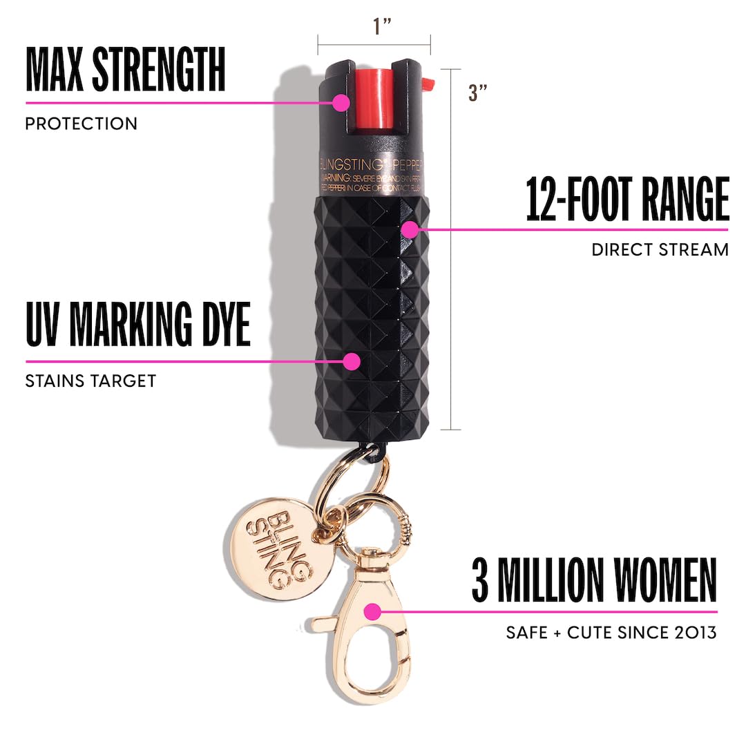 BLINGSTING Pepper Spray Maximum OC Strength Self Defense Spray for Women, 12 ft Spray Range & UV Dye - Studded