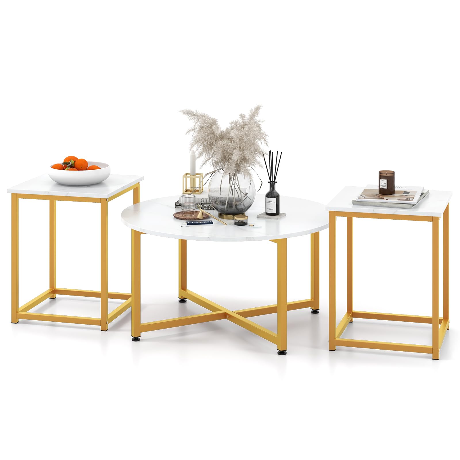 Giantex Round Nesting Table Set of 3, Modern Faux Marble Coffee Table w/2 End Tables, Sturdy Metal Frame, 3-Piece Wooden Living Room Table Set for Home Office, Apartment (White & Gold)