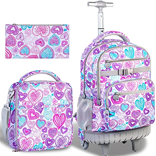 FTJCF 3pcs Rolling Backpack for Women, 21 Inche Adult Bag with Roller Wheels, Wheeled Bookbag Set for Girls - PinkGrey