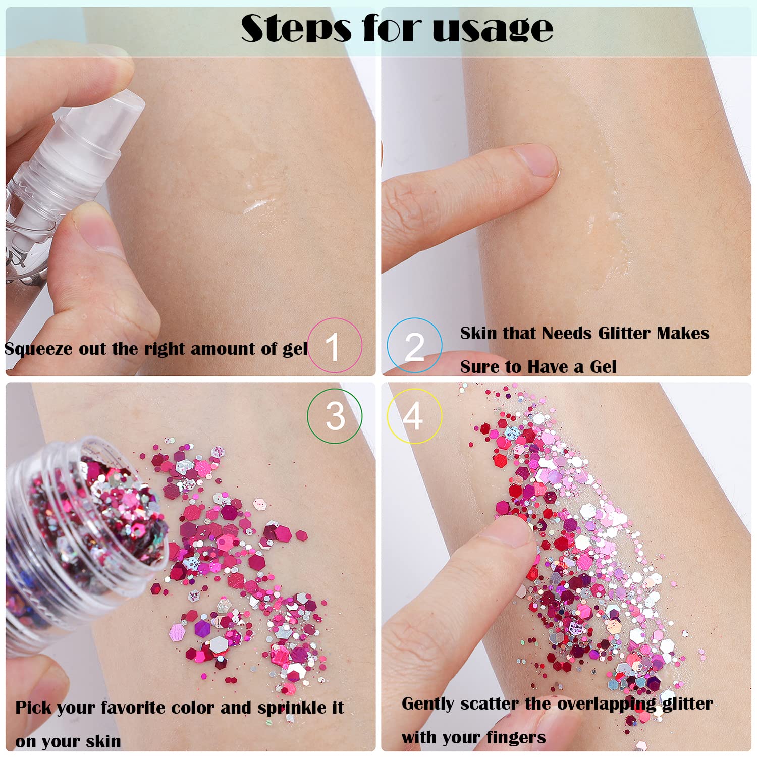 Body Glitter+Gel Kit,JASSINS Holographic Face Glitter,7 Style Fine Glitter for Art Nail,Hair, Eye,Eyeshadow Makeup.(Color-1)