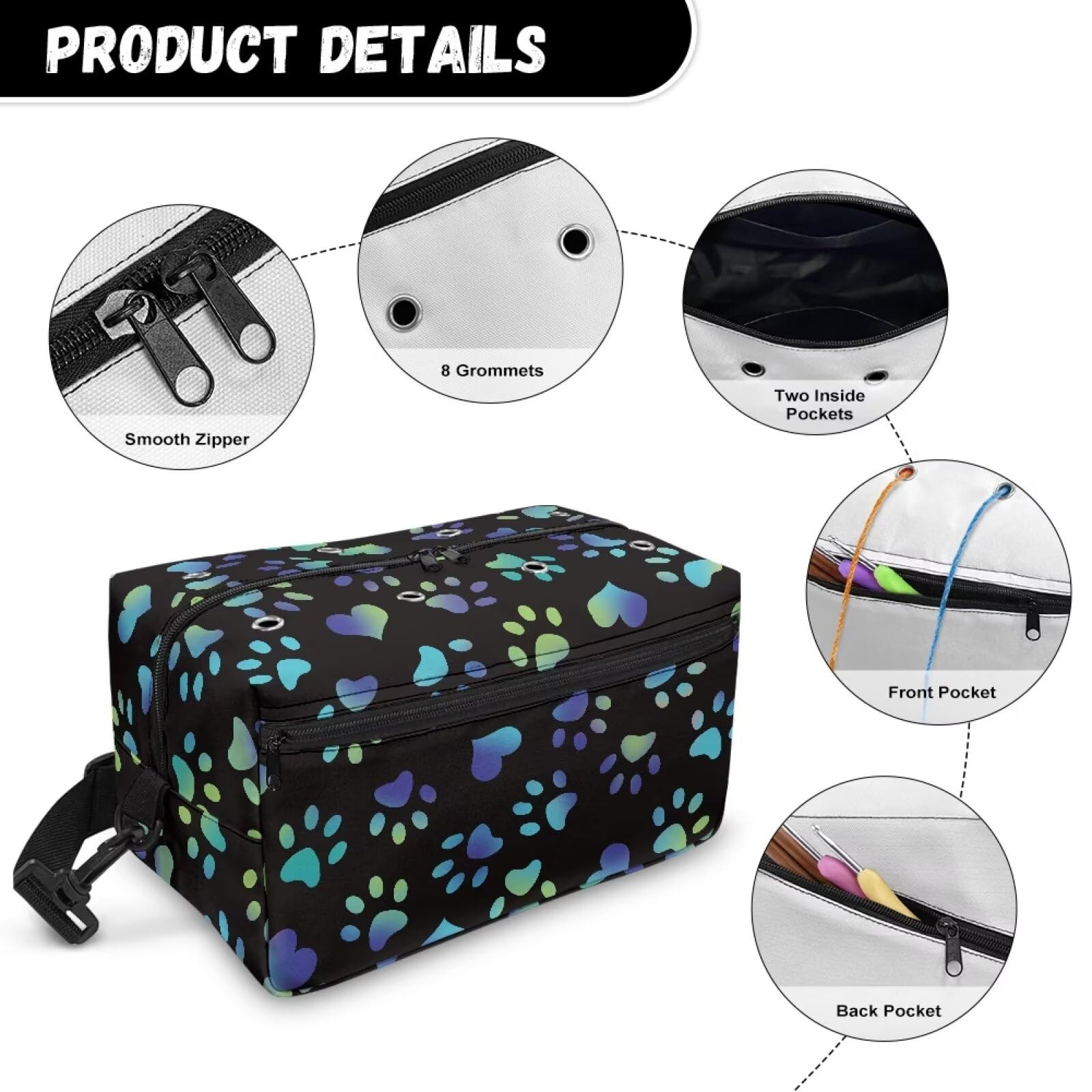 Kathyboom Dog Paw Knitting Bag for Yarn Storage Lightweight Crochet Storage Bag, Water Resistant Yarn Bag for Knitting Needles, Crochet Hooks and Other Accessories