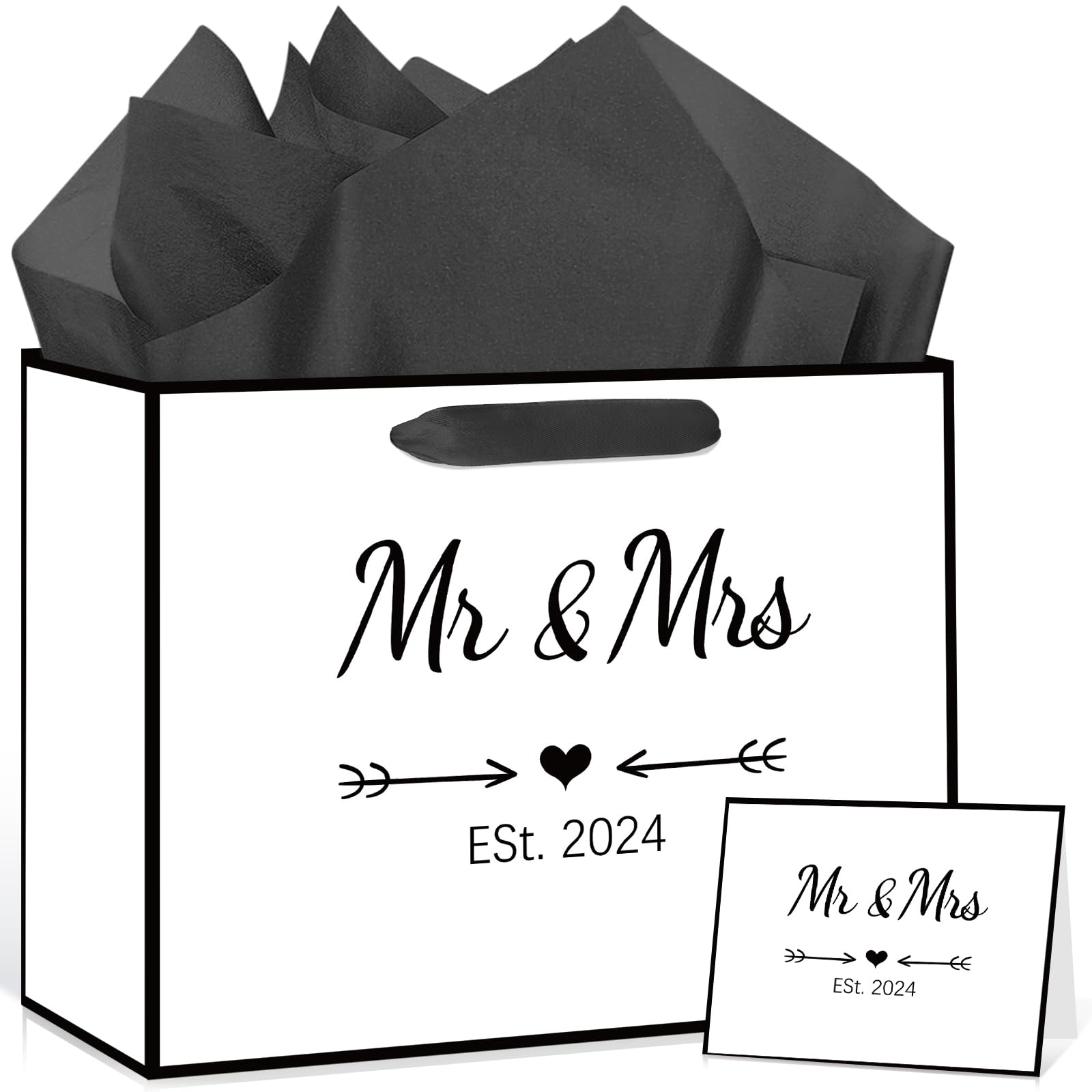 EST 2024 Wedding Gifts Bag Bridal Shower Gift Bags White Black Mr & Mrs Gifts Bag with Tissue Paper and Card Christmas Wedding Gift Wrapping Paper Bag Bridal Anniversary Wedding Shower Gift Bag