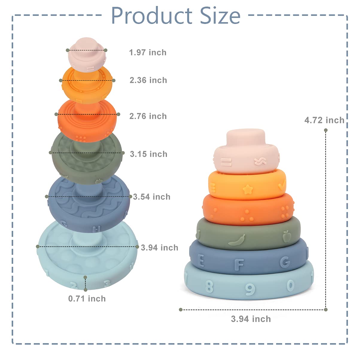TuiVeSafu 6PCS Baby Stacking Nesting Rings Toy,Soft Building Circle Squeeze Teether,Toddlers Sensory Early Educational Toy with Number,Shape,Fruits,Letters Learning Toy for 6+ Months Boys or Girls