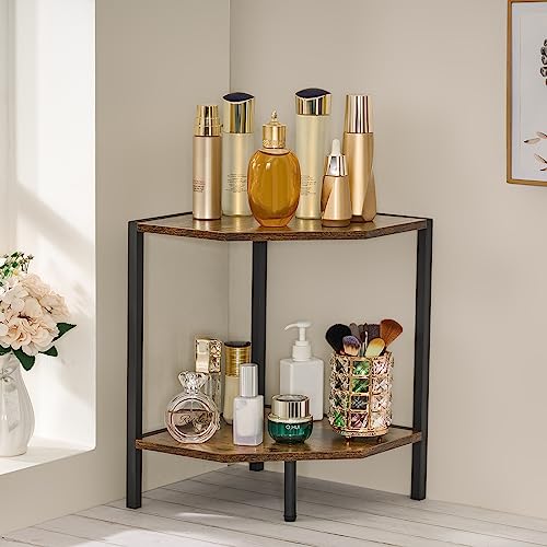 HOMCENES Corner Shelf Stand, Industrial 2 Tier Wall Corner Bookshelf with Metal Frame, Corner Display Rack Plant Flower Shelf, Corner Shelves for Living Room Decor, Bedroom, Bathroom, Rustic Brown