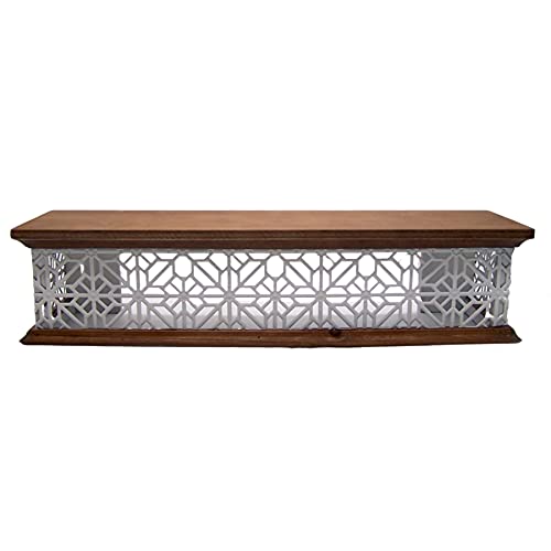 VIP Home and Garden Wooden Floating Shelf with Metal Embossed Lattice, Wall Mounted, Farmhouse Décor, 24 Inches, White, Brown, 24inch L x 6.5inch W x 5.75inch H