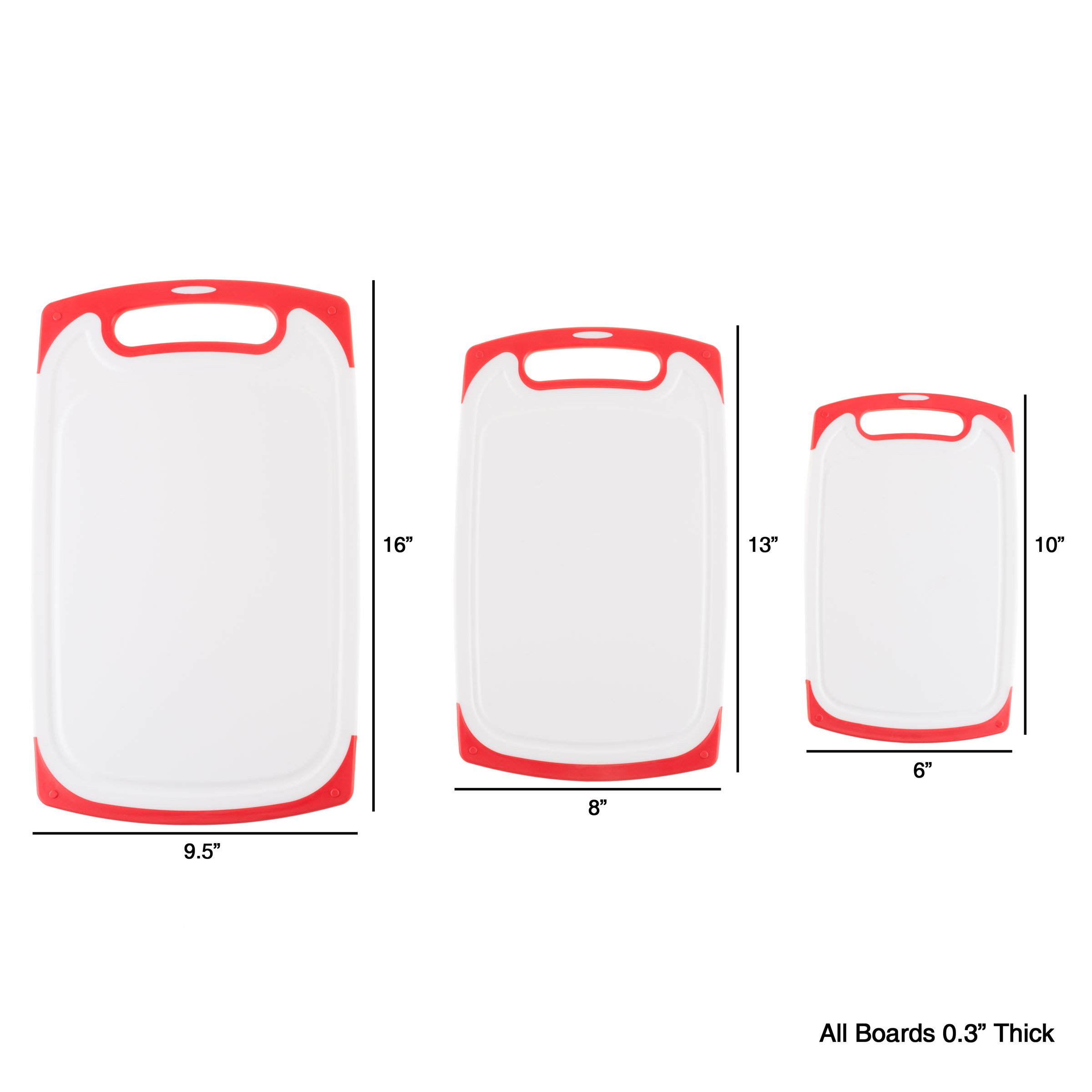 Cutting Board Set- 3 Piece Plastic Kitchen Chopping Boards for Cooking Food Prep with Juice Groove by Classic Cuisine (Red)