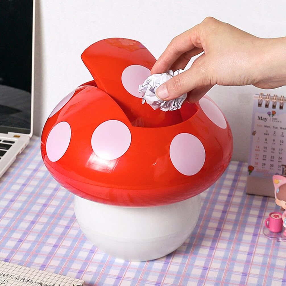 HOLIDYOYO Cute Trash Can Mushroom Waste Bin Desktop Trash Can Wastebasket Mini Desk Trash Can with Lid Creative Tiny Countertop Garbage Can Small Plastic Storage Bin Home Accessory
