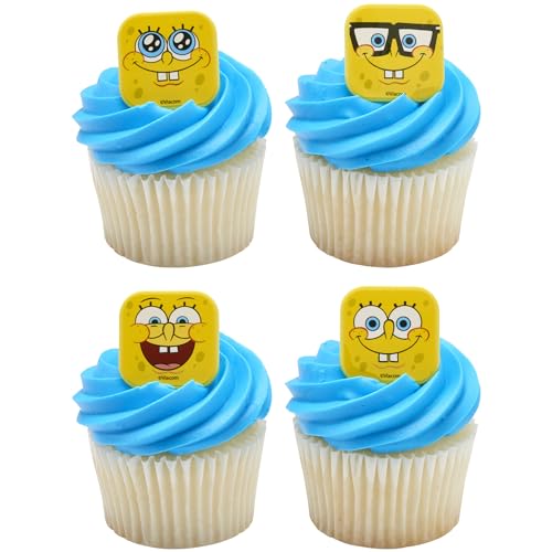 DecoPac SpongeBob SquarePants⢠Mood Faces Rings, SpongeBob Cupcake Decorations Featuring SpongeBob SquarePants, Yellow - 24 Pack
