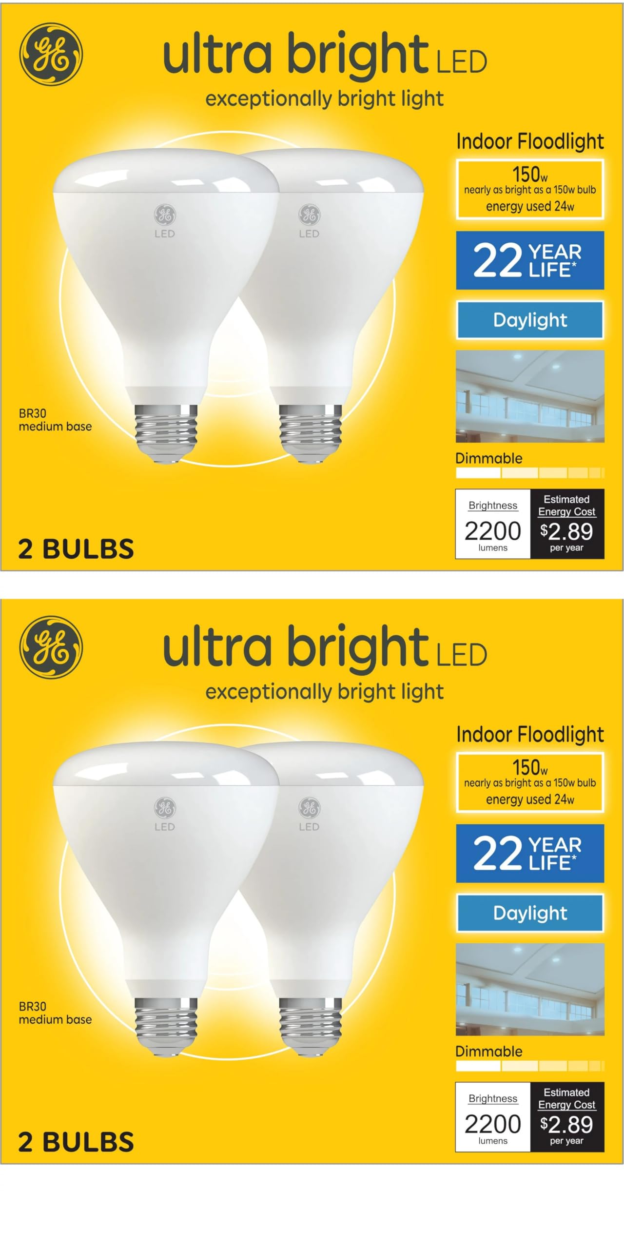 GE (4 Bulbs) ultrabright LED BR30 Floodlight, 24 watt, 2200 Lumen, 5000K Daylight, Dimmable, 150 watt Equivalent LED Ultra Bright Light Bulb.