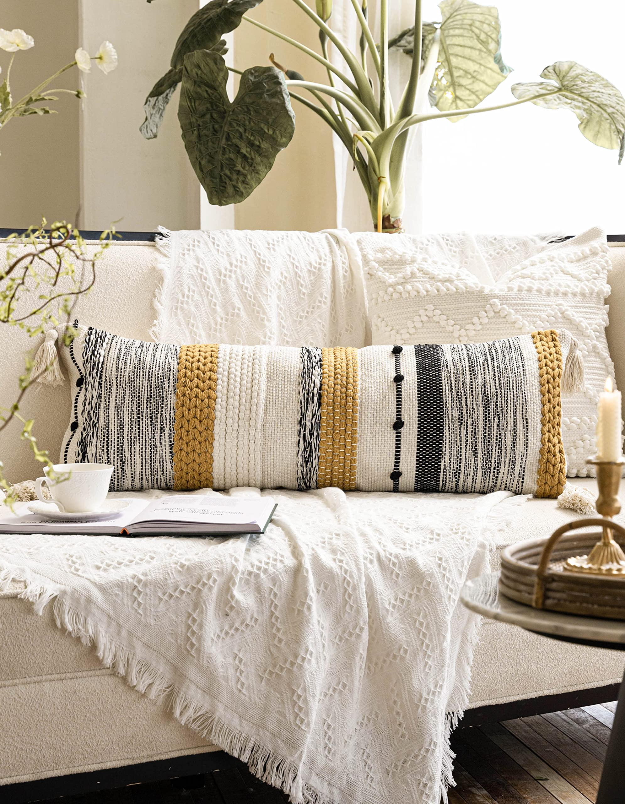 BlissBlush Decorative Lumbar Throw Pillow Cover 14x36 Boho Long Cushion for Bed Mustard Beige Accent Farmhouse Pillowcase for Bedroom Living Room Couch Sofa Home Décor COVER ONLY