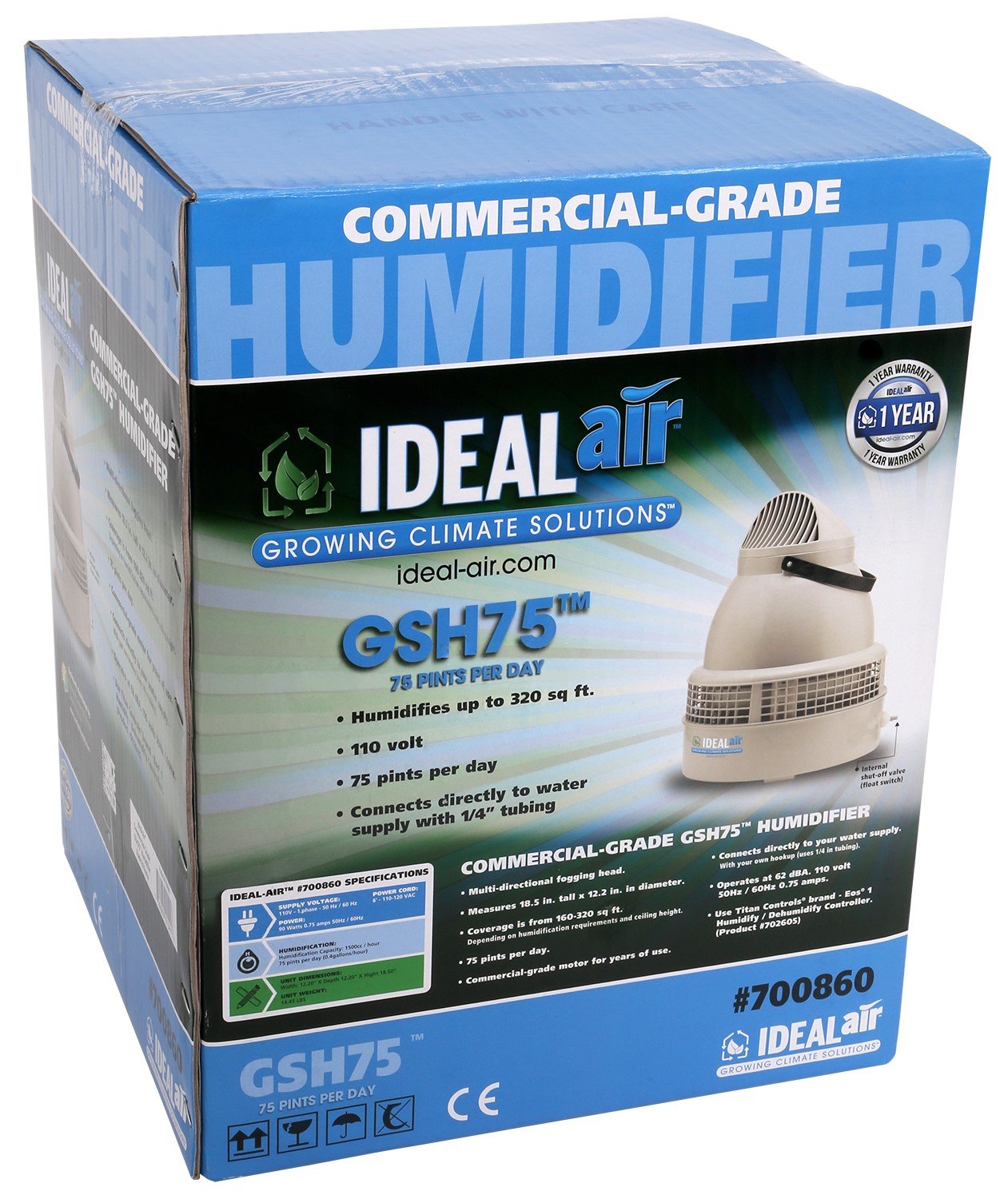 Ideal-Air Commercial Grade Humidifier with Multi-Directional Fogging Head, Indoor Plant Humidifier for Large Rooms, 75 Pints