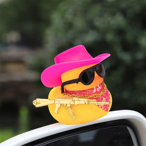 wonuu Car Rubber Duck Decoration, West Cowboy Duck Car Dashboard Decoration Accessories with Mini Swim Ring Cowboy Hat Scarf and Sunglasses(A_Pink Sunglass Cowboy hat