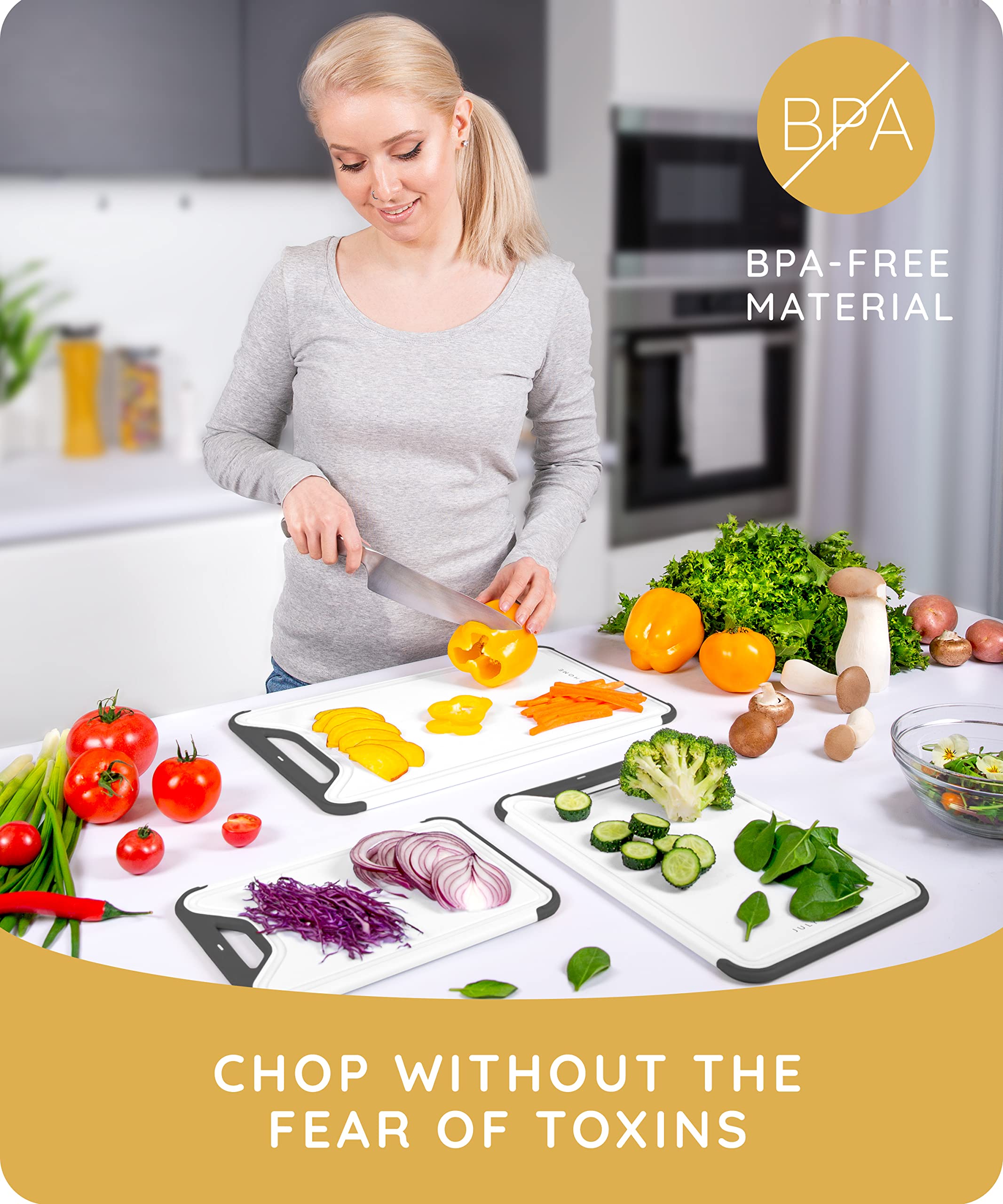 Cutting Boards for Kitchen - Plastic Cutting Board Set of 3, Dishwasher Safe Cutting Boards with Juice Grooves (Black) & Extra Thick Flexible Cutting Boards for Kitchen (15"x12")