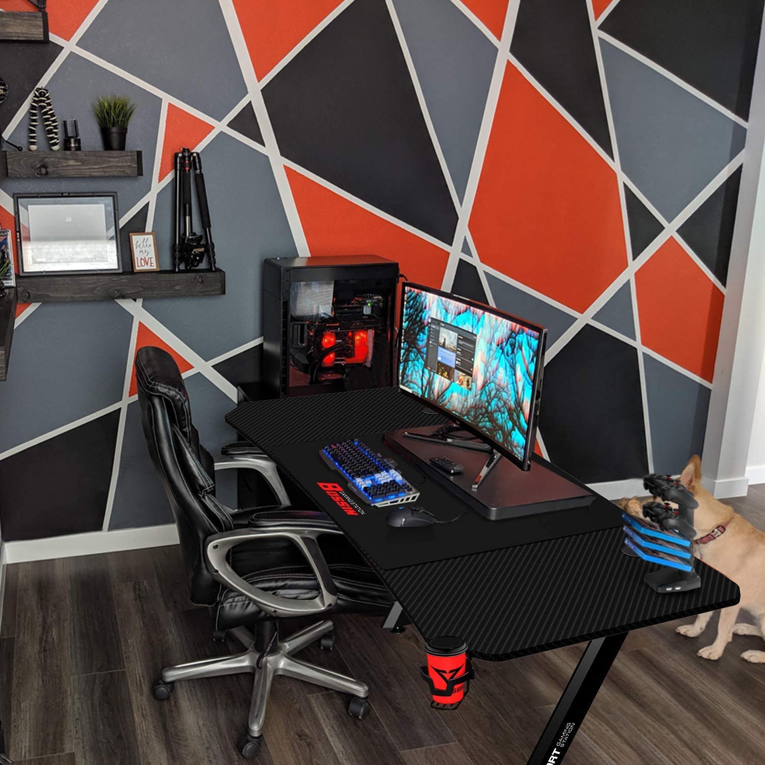 VITESSE 55 Inch Ergonomic Gaming Desk, Z-Shaped Office PC Computer Desk with Large Mouse Pad, Gamer Tables Pro with USB Gaming Handle Rack, Stand Cup Holder&Headphone Hook (Black, 55 inch)