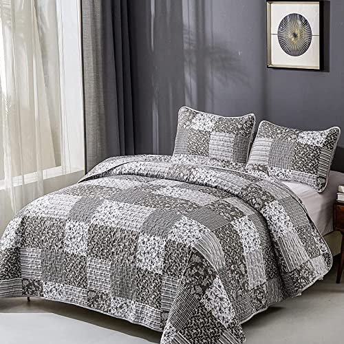 Mybedsoul Grey Boho Quilt Set Queen Size,3 Pieces Plaid Floral Bedspread Coverlet Set for All Season,Patchwork Reversible Bedding Set Queen 90"x96"