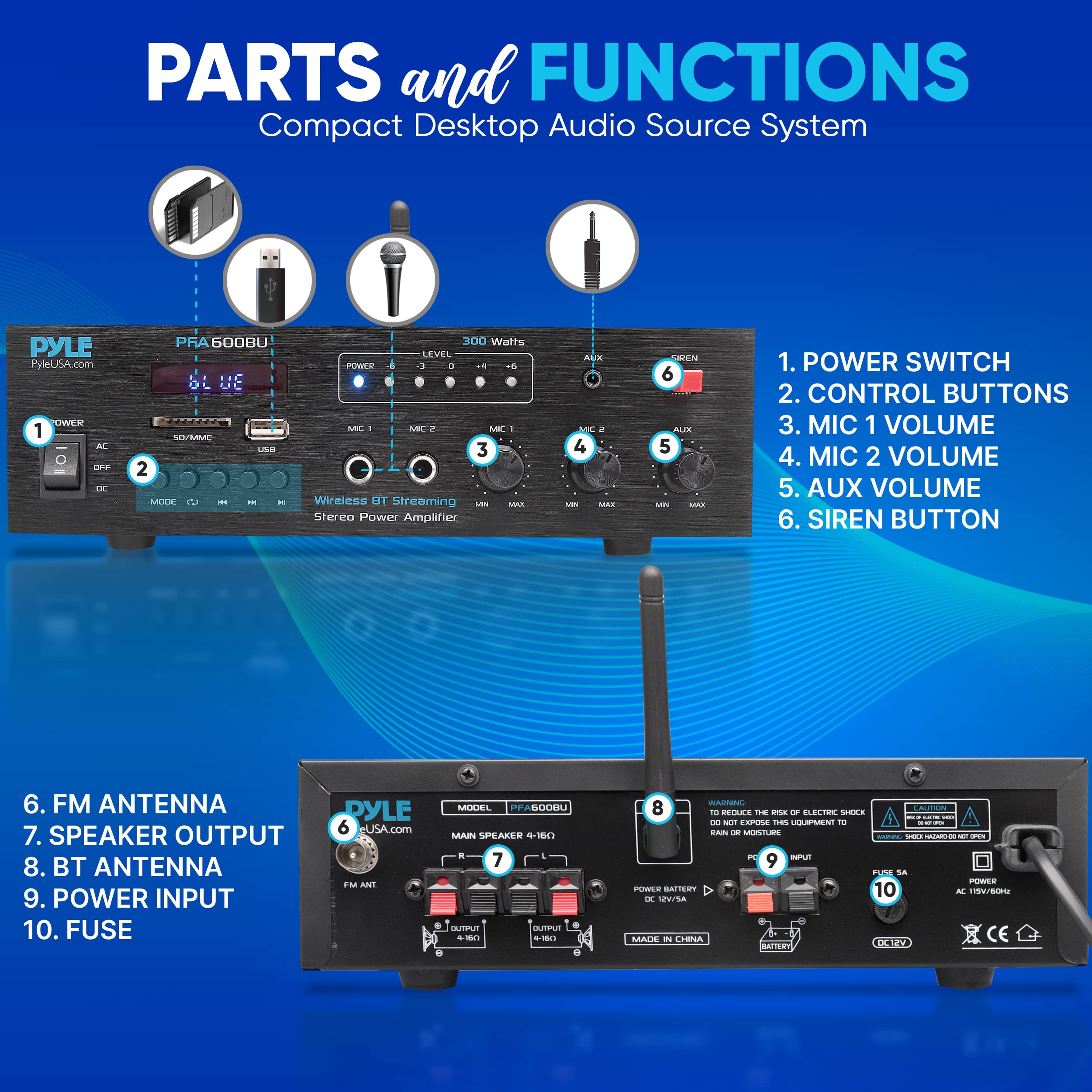 Pyle Wireless Bluetooth Karaoke Amplifier - Home Car Bus Tours 300 Watts 2 Channel Digital Home Audio PA Receiver System 2 Microphone Input Control, FM Radio, USB,12 Volt Power Option - PFA600BU
