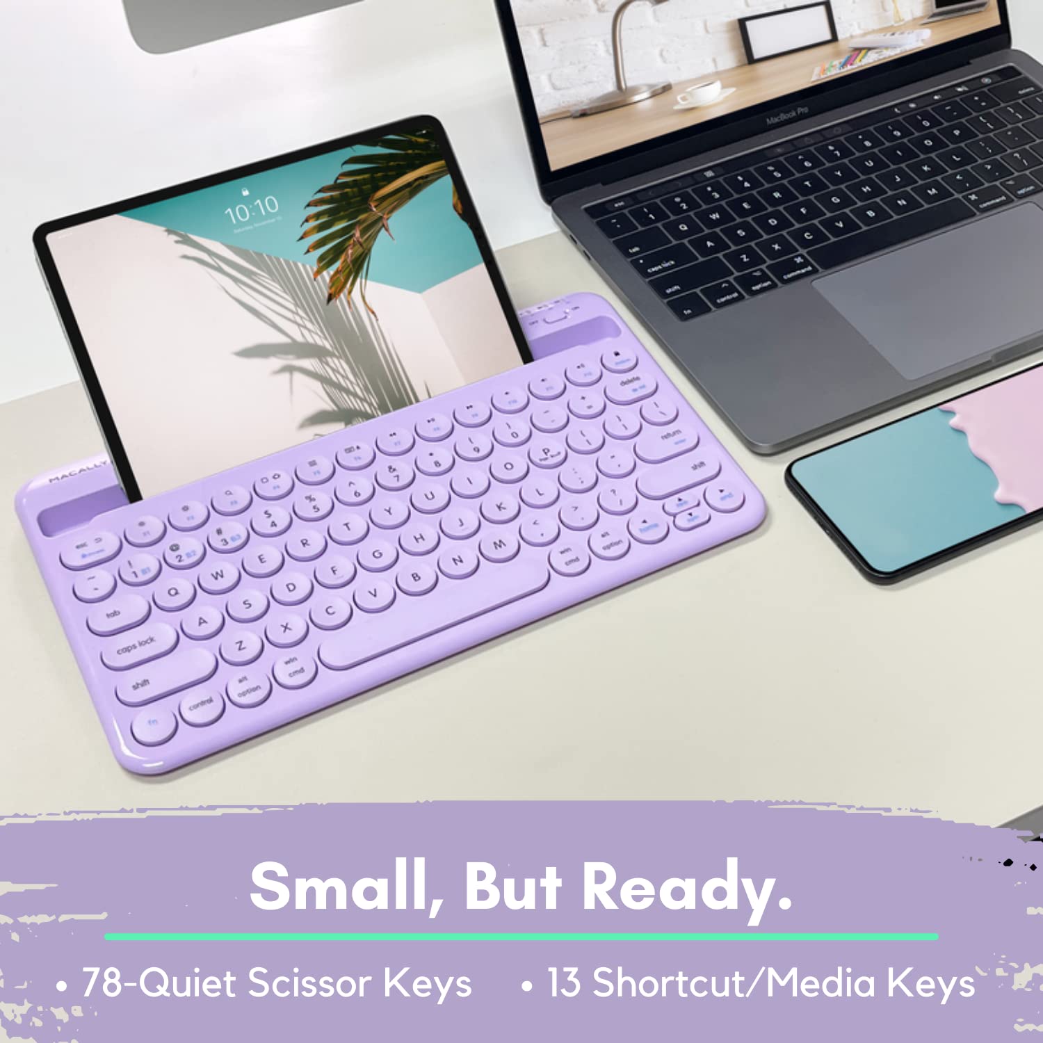 Macally Small Wireless Bluetooth Keyboard for iPad Mini/Air/Pro, iPhone, Tablet, and Phone - 78 Key iPad Keyboard with Built-in Stand - Universal Compatible Multi Device - Purple
