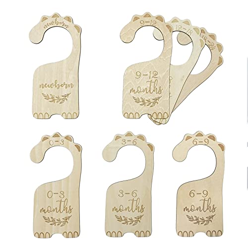Wooden Baby Closet Size/Age Dividers for Clothes, 7pcs Dinosaur Organizer from Newborn to 24 Months, Adorable Hanger Clothing Dividers for Home Nursery Decor, Girls or Boys Room Sort Out
