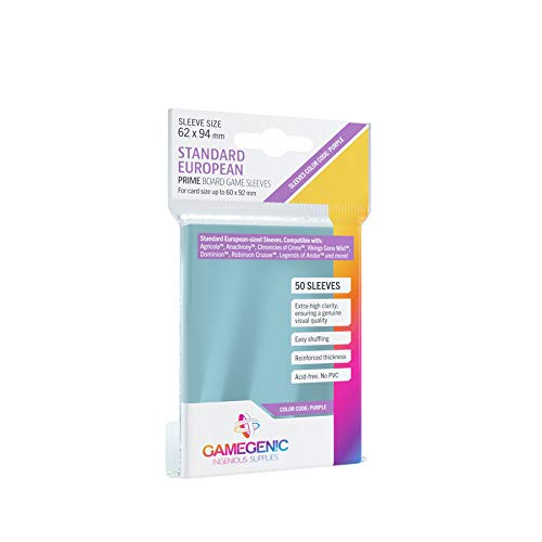 Prime Board Game Sleeves | Pack of 50 Extra-Clear Sleeves | 62 by 94 mm Card Sleeves Optimized for Standard European Card Games | Premium Card Protection | FFG Purple Color Code | Made by Gamegenic
