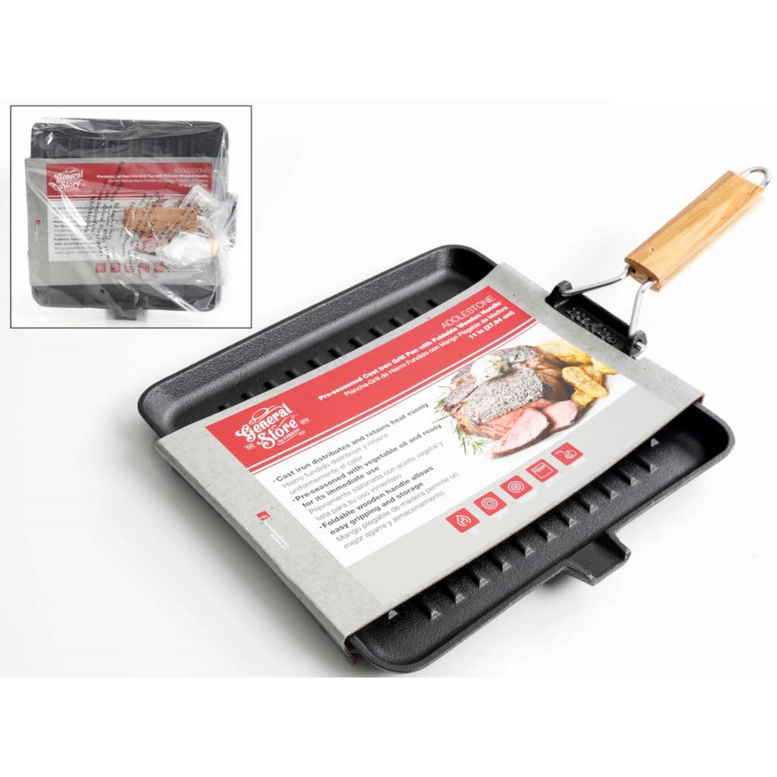 Gibson Home General Store Addlestone Preseasoned Grill Pan, with Foldable Wood Handle, Cast Iron, 11-inches Square, 124974.01, Black