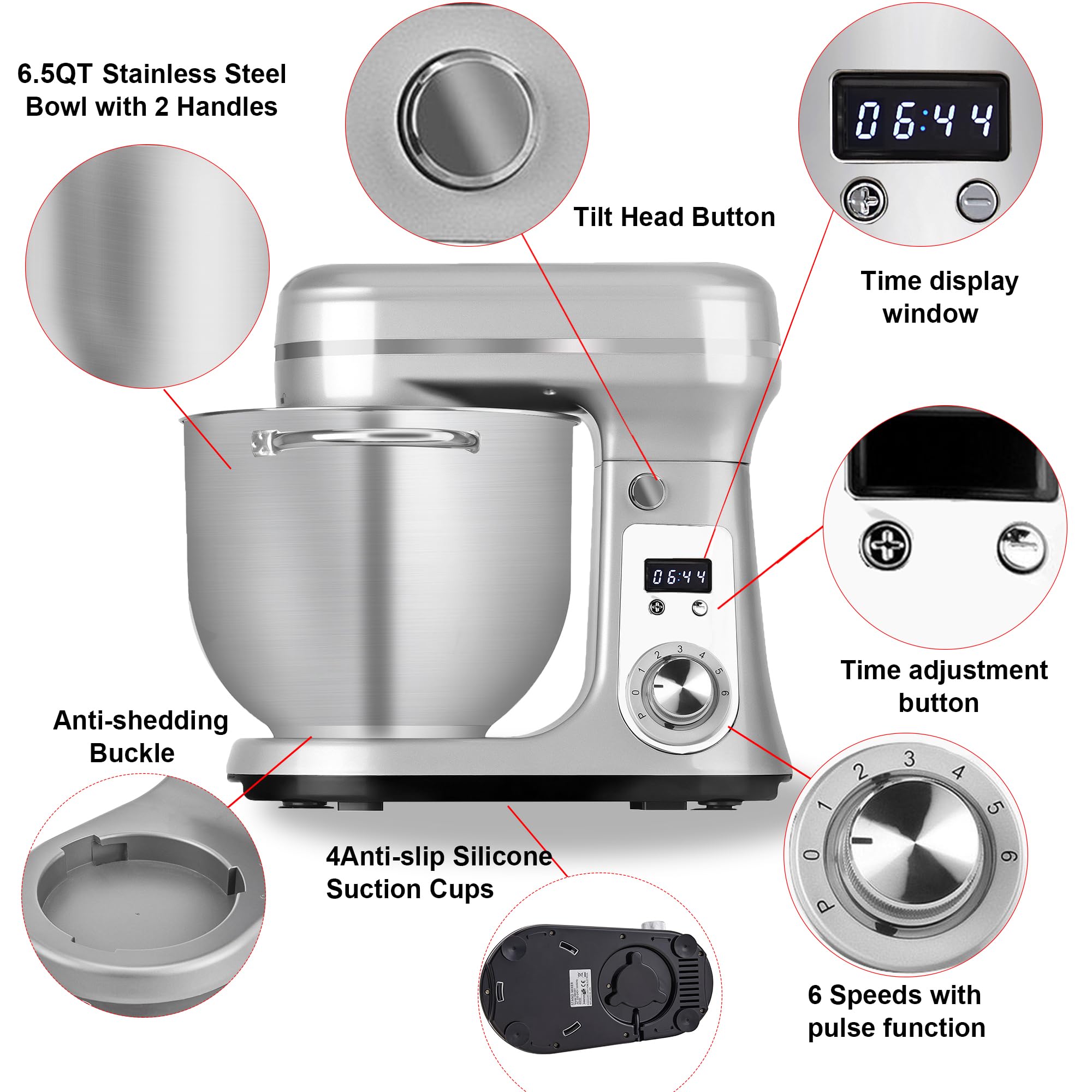 Biolomix Kitchen Electric Stand Mixer, 6-Speed Tilt-Head Food Mixer with 6.5-QT Stainless Steel Bowl, Dough Hook, Flat Beater, Whisk and Anti-Splash Cover (6.5-QT, Light Silver