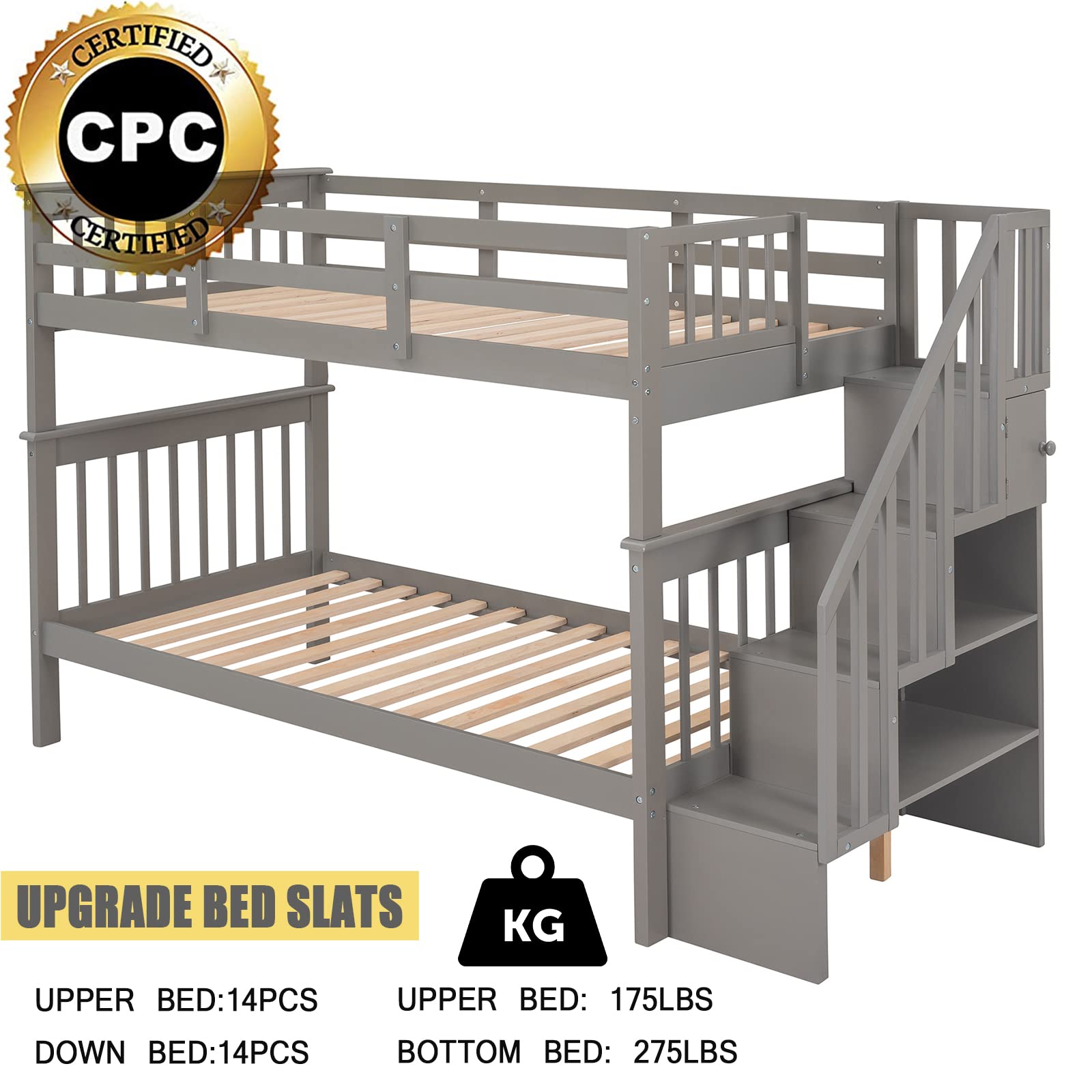 Harper & Bright Designs Bunk Beds Twin Over Twin with Stairs, Wood Bunk Bed Frame with Storage and Guard Rail,Twin Bunk Beds for Kids, Bedroom, Dorm, Teens, Adults,Grey