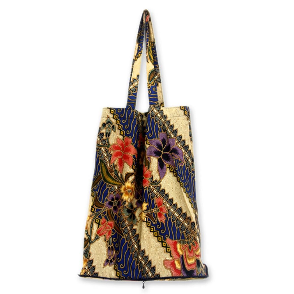 NOVICA Artisan Handmade Cotton Batik Foldable Tote Bag Shopping Multicolor Classic Blue Snorkel Shoulder Patterned Indonesia 'Jogjakarta Legacy'