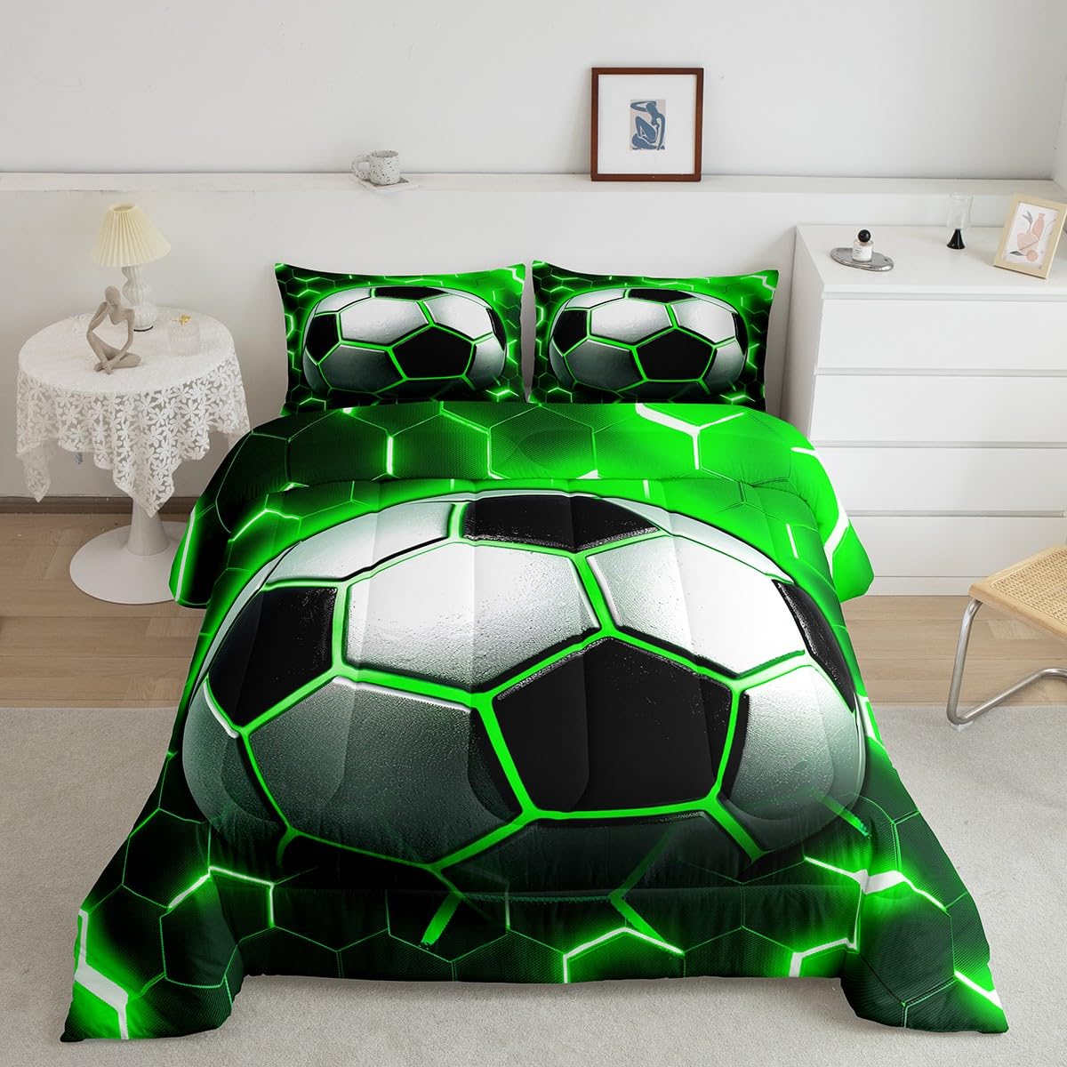 Soccer Print Comforter Set Full Football Bedding Comforters & Sets for Kids Boys Girls,Ball Game Duvet Sports Theme Quilt Comforter,Green Neon Honeycomb Duvet Teens Modern Cool Design Room Decor 3Pcs