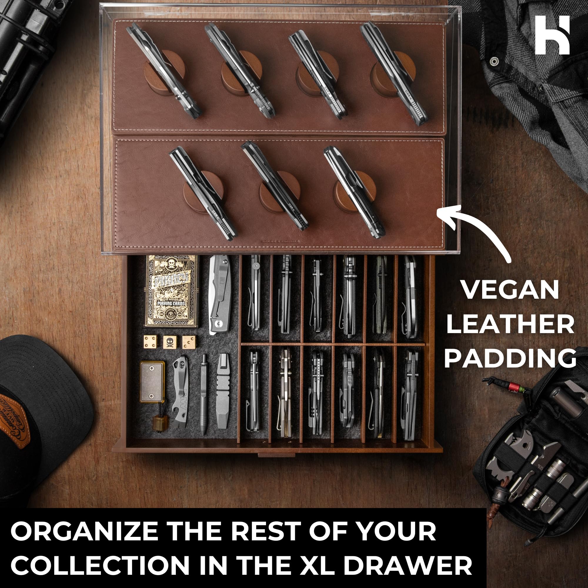 Holme & Hadfield Luxury Pocket Knife Display Case for 20-30 Knives The Armory Pro β Premium Wooden Knife Case for Collections β Large Knife Organizer with Drawer for Men