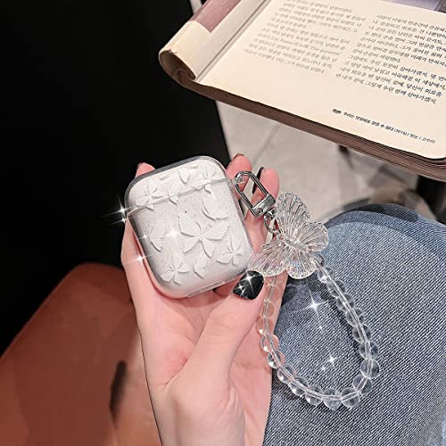 Ownest Compatible for AirPods Case, Cute Butterfly Pattern Clear Soft TPU Shockproof Cover Case Glitter with Keychain for Women Girls for AirPods 2&1-White