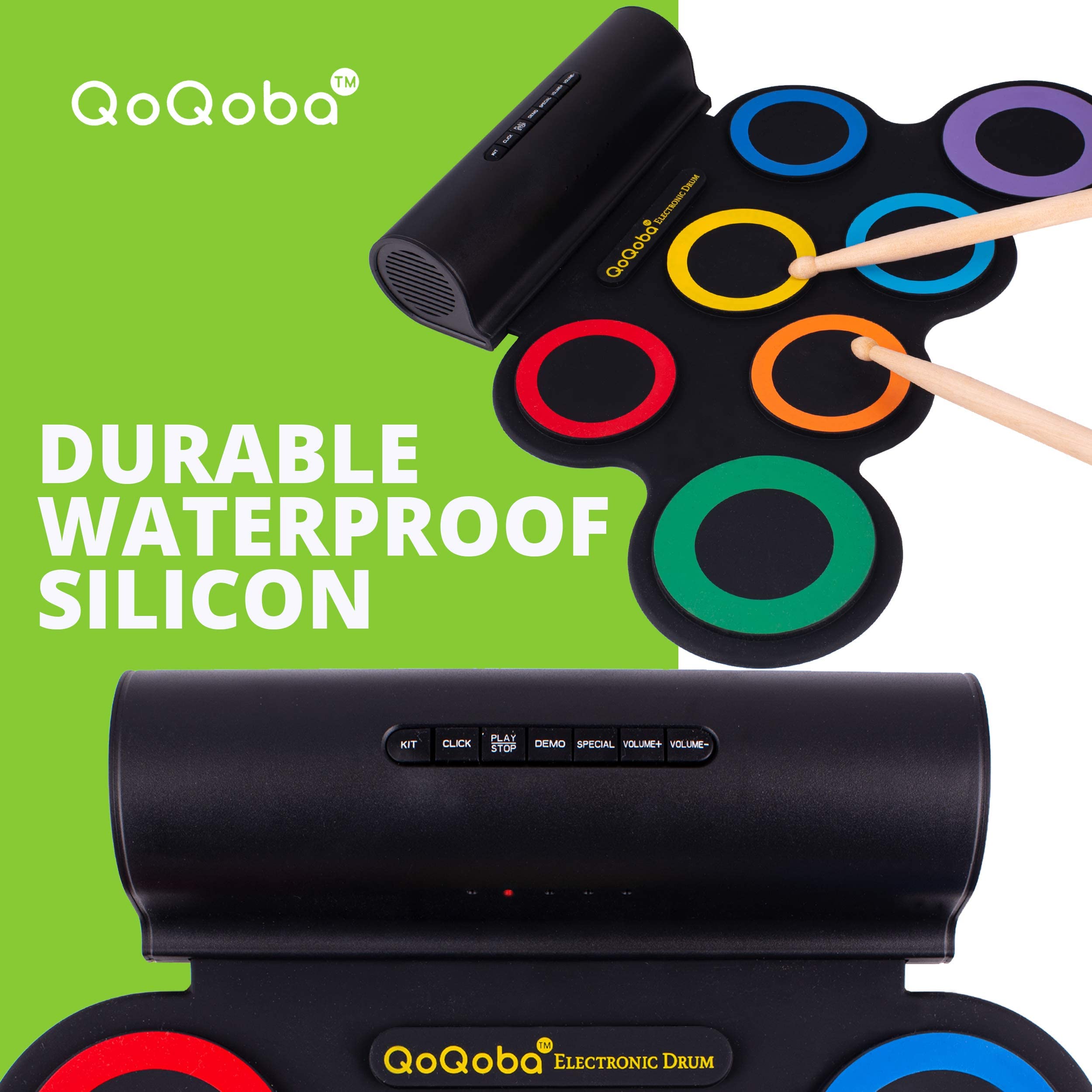QoQoba Electronic Drum Set for Kids | Adult Beginner Pro MIDI Drum Practice Pad Kit w/Headphone Jack | Drum Sticks | Great Holiday Birthday Gift for Kids Drum Set (RAINBOW)