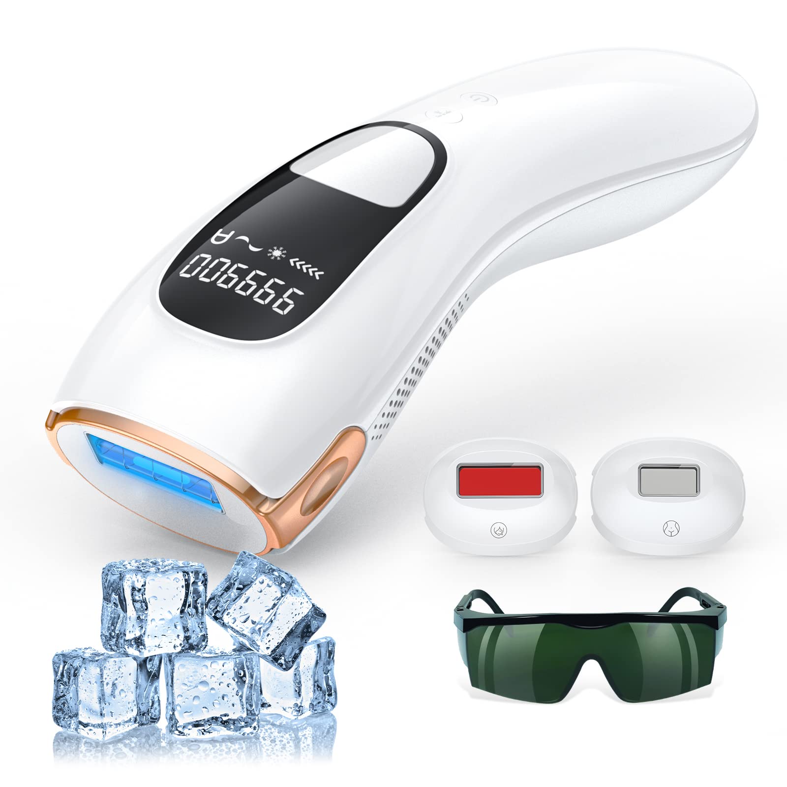 IPL Hair Removal for Women and Men, Permanent Laser Hair Removal with 2 Intelligent Attachments for SR HR, Ice Cooling Painless Hair Removal At Home, 999900 Flashes, Safe for Whole Body
