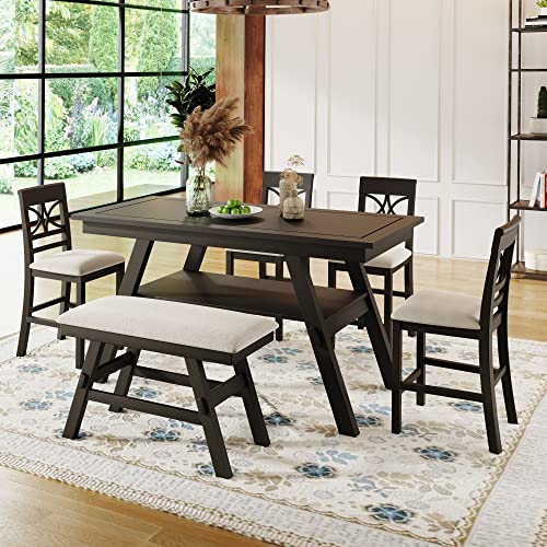 Farmhouse Counter Height 6-Piece Dining Set, Heavy Solid Wood Kitchen Dining Room Table Set, 60 in Triangular Design Bar Table with Storage Shelf, Bench and 4 Chairs with Soft Cushion (Espresso)