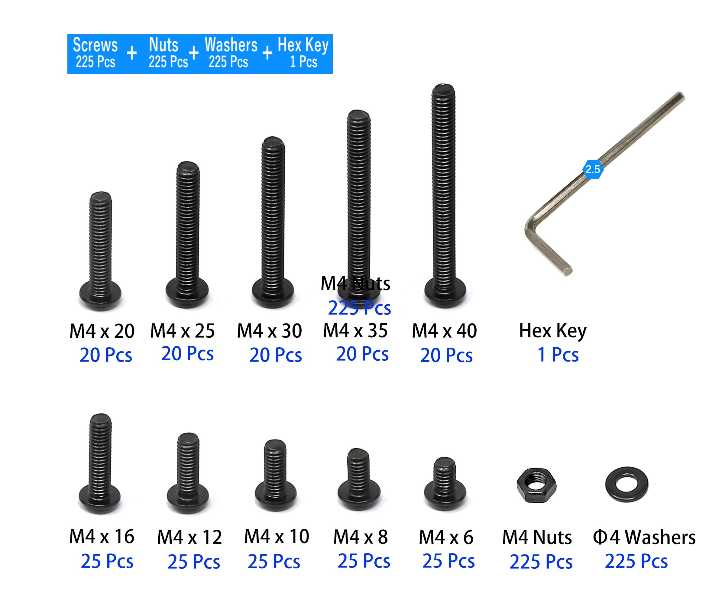 iexcell 675 Pcs M4 x 6/8/10/12/16/20/25/30/35/40 Alloy Steel 10.9 Grade Hex Socket Button Head Cap Screws Bolts Nuts Washers Assortment Kit, Black Oxide Finish