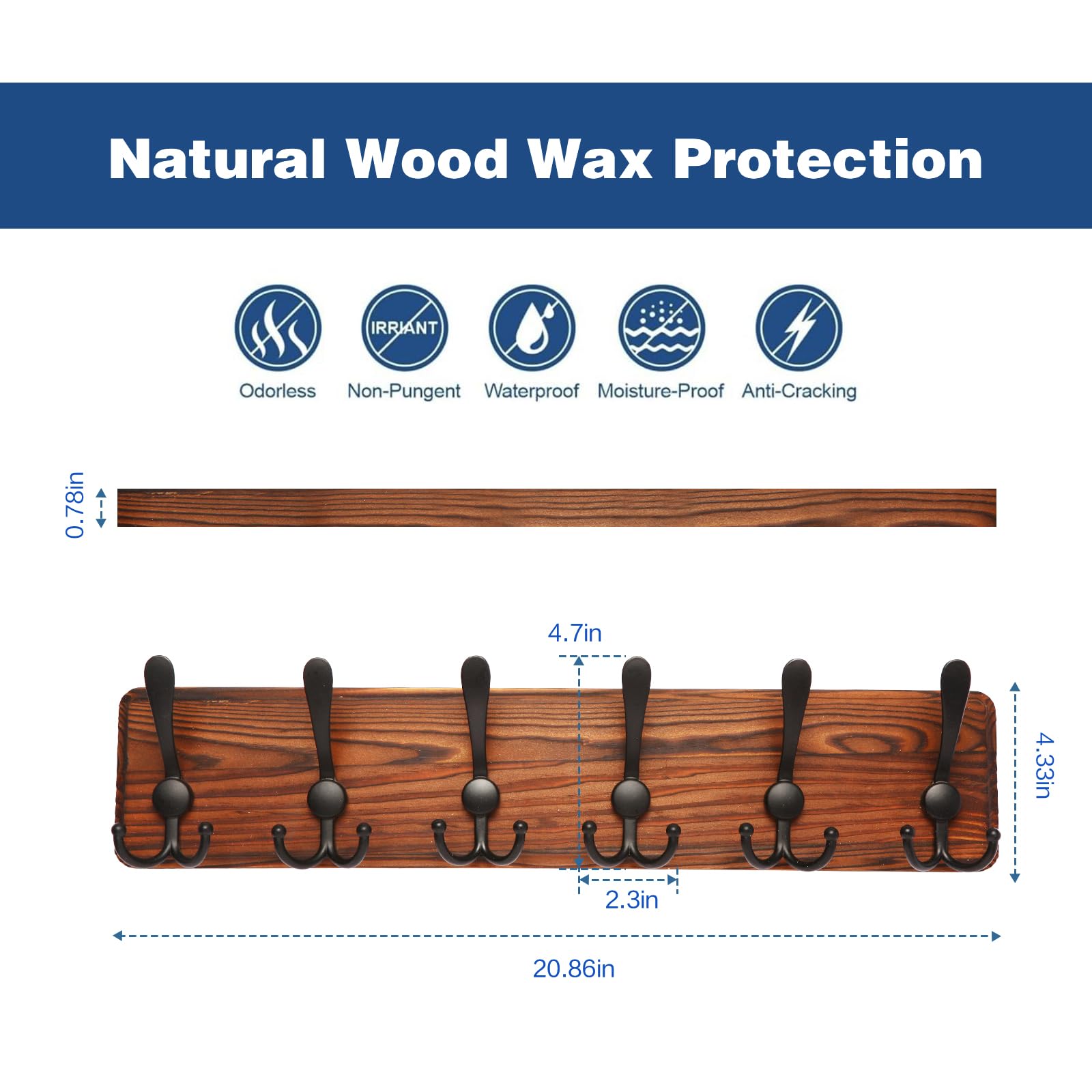 DecorDudz Coat Rack Wall Mount, 20.8''Wooden Coat Hanger Coat Hooks Wall Mount- 6 Tri Hooks, Coat Rack for Entryway, Living Room, Bathroom, Bedroom, Kitchen, Hat Organizer (Burnt Brown)