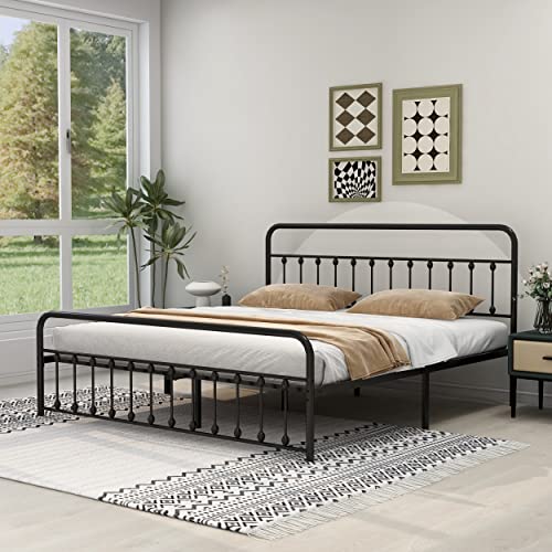 NNV Platform King Size Metal Bed Frame with Vintage Headboard and Footboard, Heavy Duty Bed Frame with Large Storage, No Box Spring Needed, Easy Assembly, Black