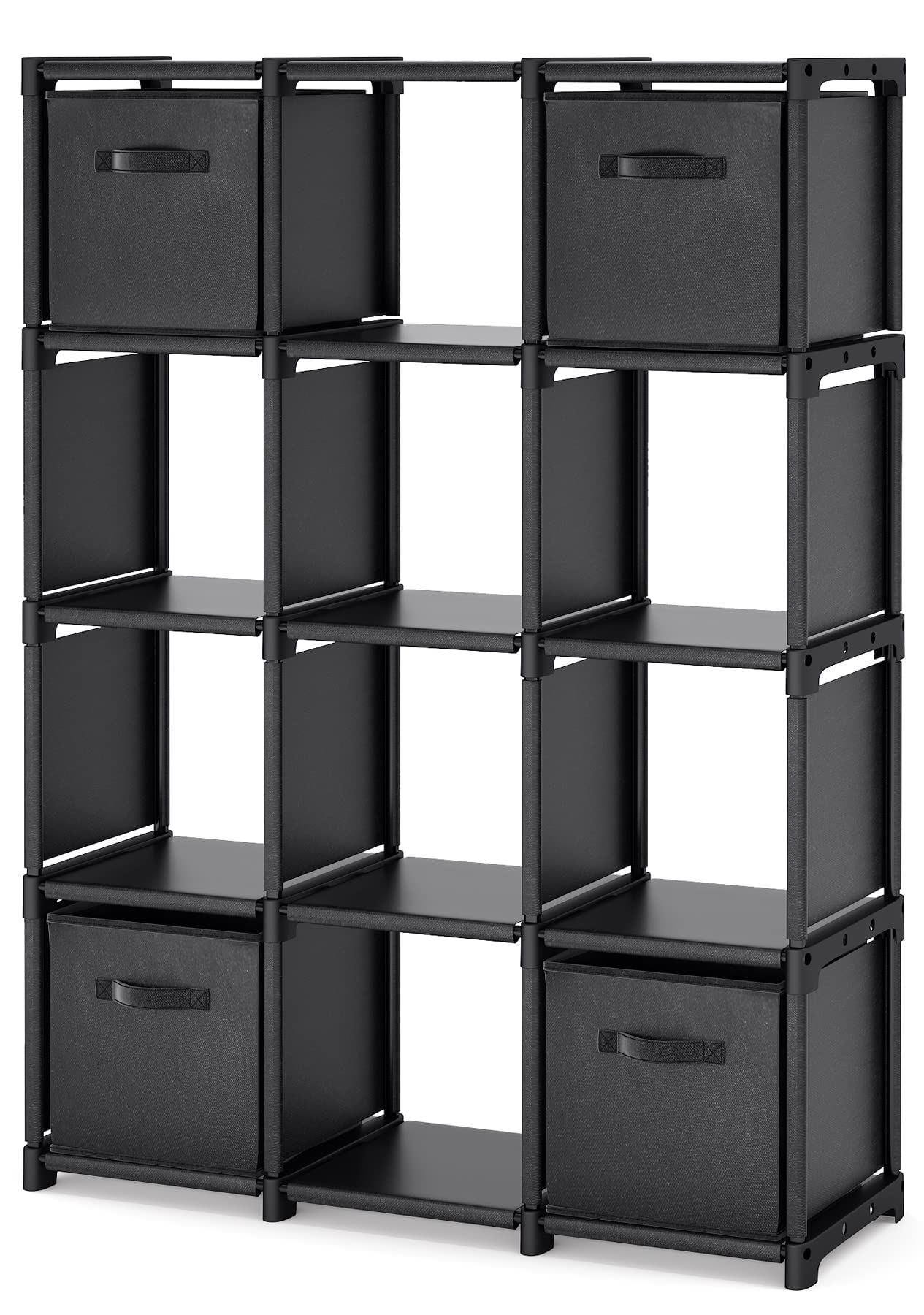 Tribesigns 12 Cubes Storage Organizer DIY Storage Shelves Stackable Open Bookshelf with 4 Cube Storage Bins with Handle Organizer 10.5" x 10.5" for Closet Rack Cabinet Bedroom Livingroom, Black
