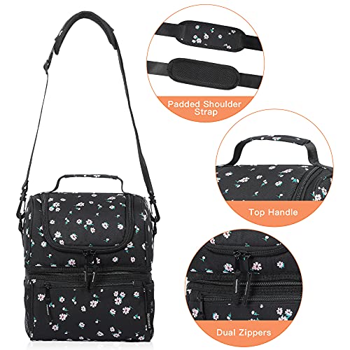 Insulated Lunch Box - 2 Compartment Large Adult Lunch Bag with Sturdy Support & Adjustable Shoulder Strap, Mens Womens Reusable Leakproof lunch Cooler Bags for Work, Beach, Picnic (Floral)