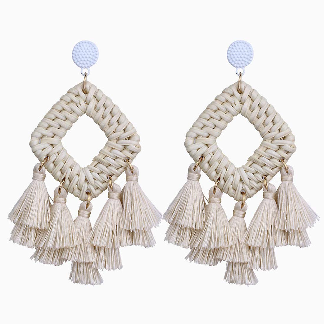 Bohemia Tassel Earrings Statement Handmade Dangle Ethnic Fringe Earrings Bamboo Weaving Geometric Square Sector Gifts for Women-A white