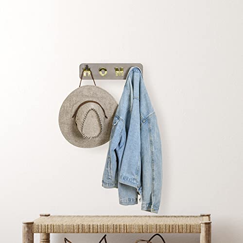 MyGift Wall Mounted Entryway Coat Rack with Brass Tone Metal Home Letter Hook and Vintage Gray Wood Backing, Hanging Organizer for Coat, Hats, Scarves, Lanyard, Leash
