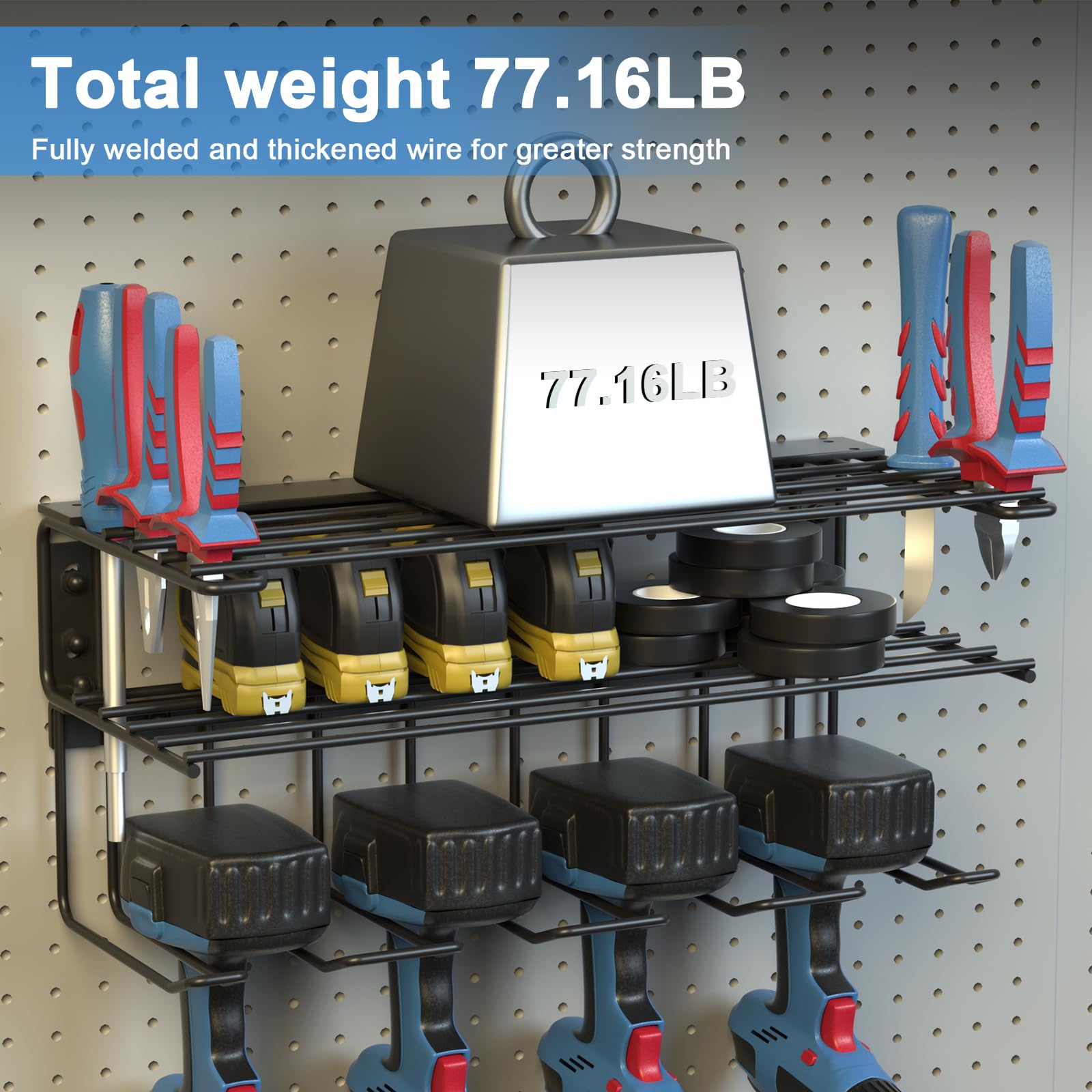 Heavy Duty Tool Organizer with charging station, 3 Layers Garage Pegboard Tool Rack, Power Tool Organizer Wall Mounted with 7 -Hole outlets Surge Protector, 4 Power Drill