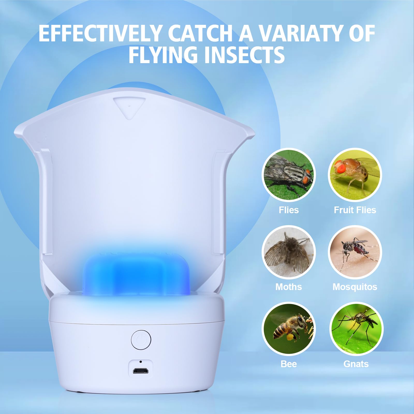 Flying Insect Trap with USB Rechargeable and Portable,Insect Catcher,Indoor Fly Trap with Night UV Light,Fruit Fly Traps for Gnat, Moth, Mosquito, Bug Light Insect Killer (1 Device+10 Glue Cards)