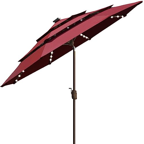 EliteShade USA 10-Year-Non-Fading Sunumbrella Solar 9ft 3 Tiers Market Umbrella with 80 LED Lights Patio Umbrellas Outdoor Table with Ventilation,Burgundy