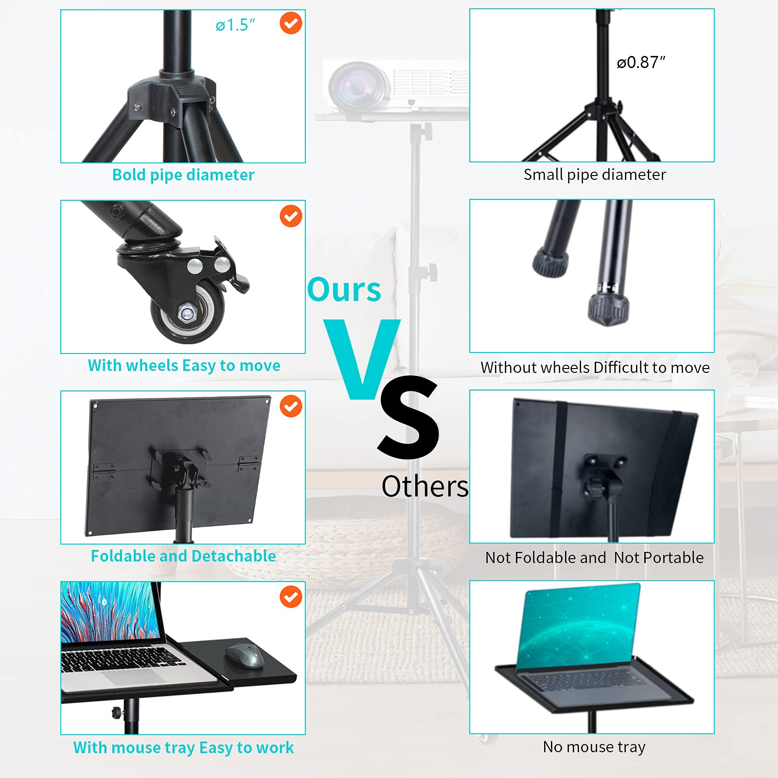 Projector Stand, Sturdy Durable Metal Laptop Tripod Stand with Wheels, Folding Floor Tripod Stand with Tray, Adjustable Height Portable DJ Equipment Stand for Indoors and Outdoors (43 Inch - 73 Inch)