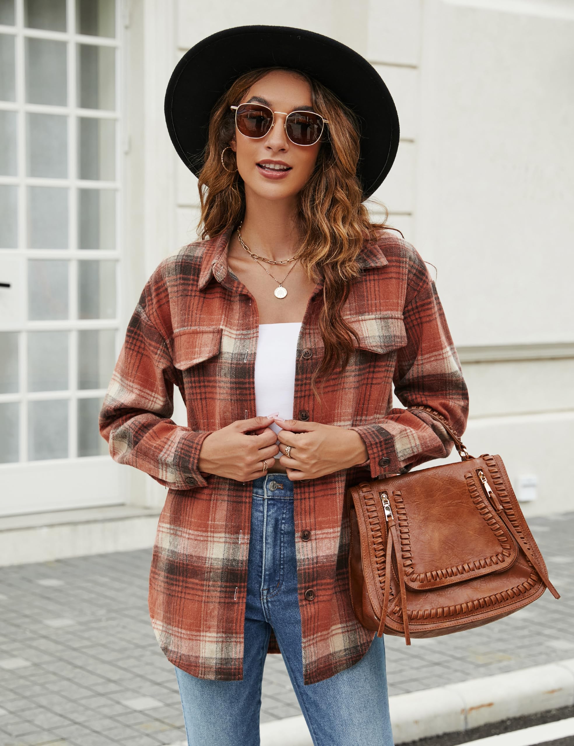 Blooming Jelly Flannel Shirts for Women Long Sleeve Plaid Shirt Shacket Jackets Fall Clothes 2023 (Small, Orange)