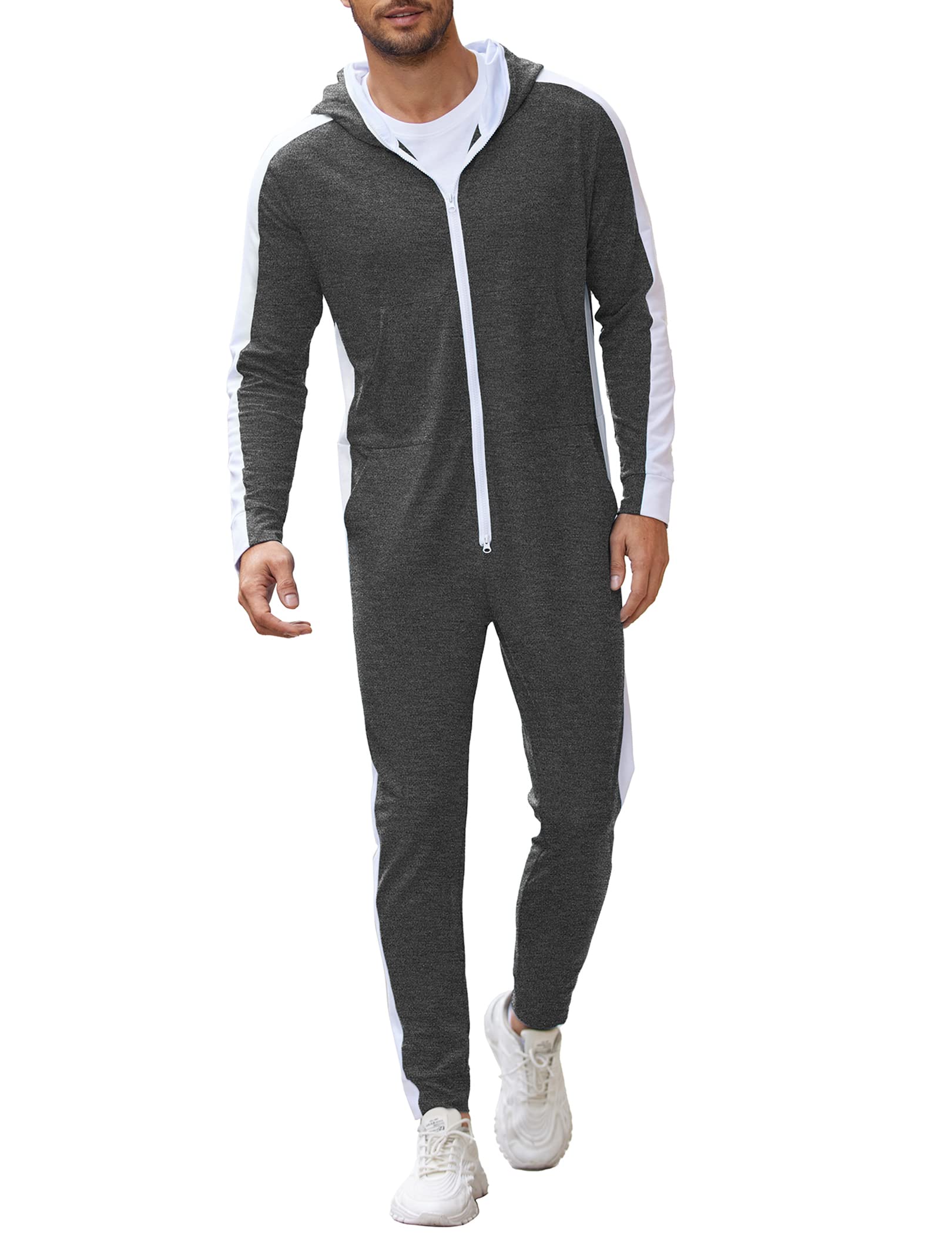 COOFANDY Mens Casual Jumpsuits Winter Long Rompers Full Zip-Up Onesie Sweatsuit Overalls Gray M