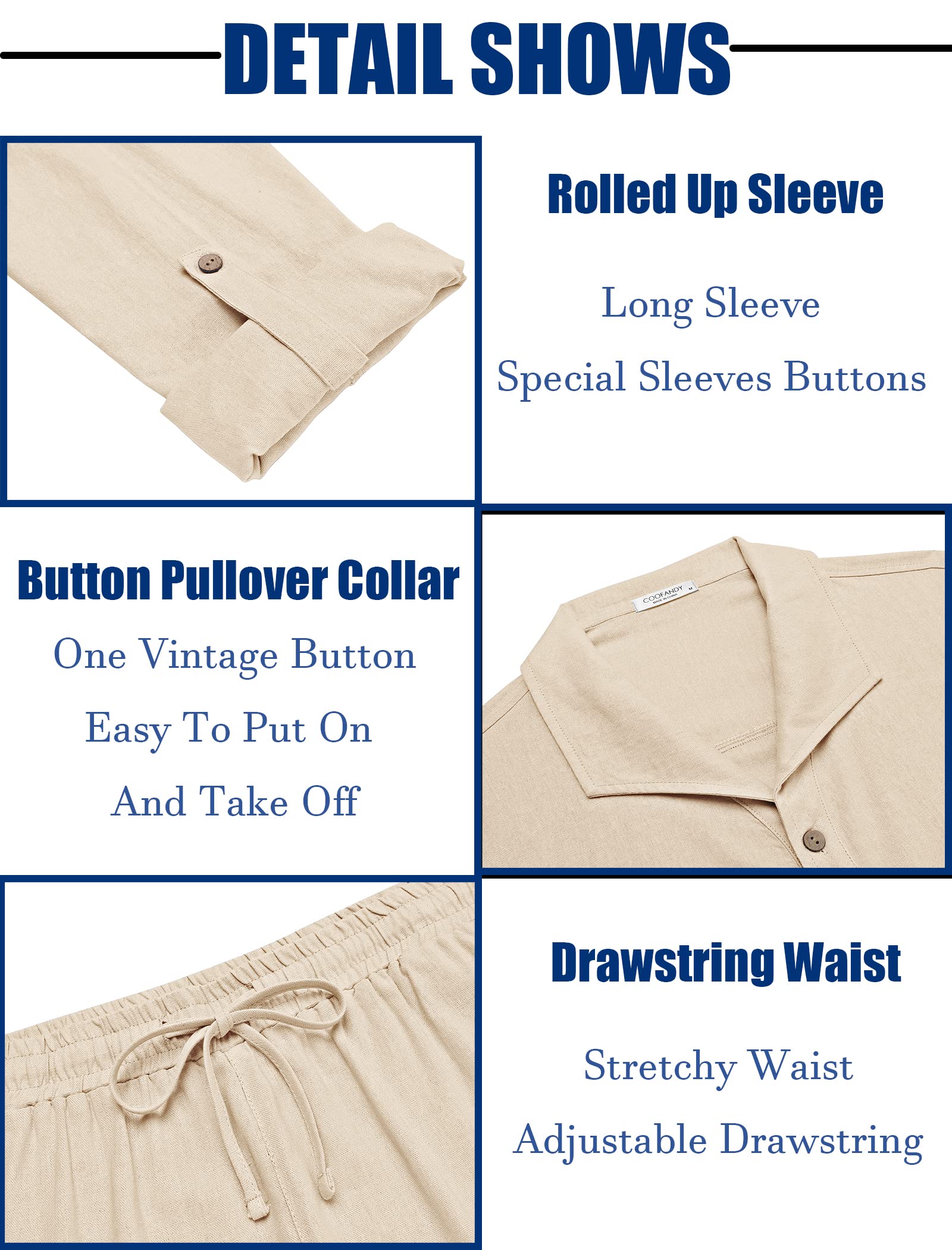 COOFANDY Mens Cotton Sets 2 Pieces Outfits Beach Long Sleeve Button Collar Shirt and Vacation Long Pants