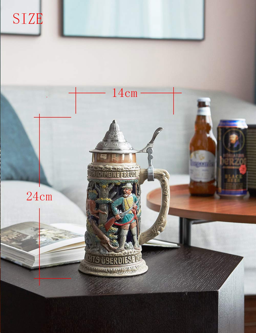 HAUCOZE Beer Stein Mug German Hunting Drinking Stanley Viking Tankard with Petwer Lid for Birthday Gifts Men Father Husband 0.6 Liter